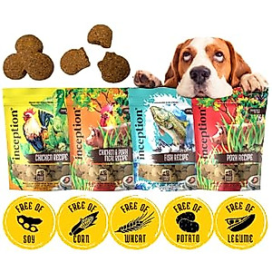 Felicia's Fabulous Finds Inception Soft & Chewy Dog Treats in 4 Flavor Bundle: 1 Chicken, 1 Fish, 1 Pork and 1 Chicken & Pork (4 Bags Total, 4 Ounces Each) Plus Shaynanigans Silicone Lid