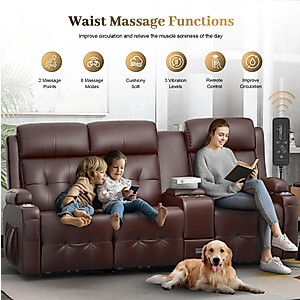 Recliner Sofa, 3 Seater Massage Reclining Loveseat Sofa Sets, 2 Single Power Recliner Chairs Heat & Massage, Heavy Weight Capacity, RV Clearance Love Seat Couch with Console, USB, Type C Port