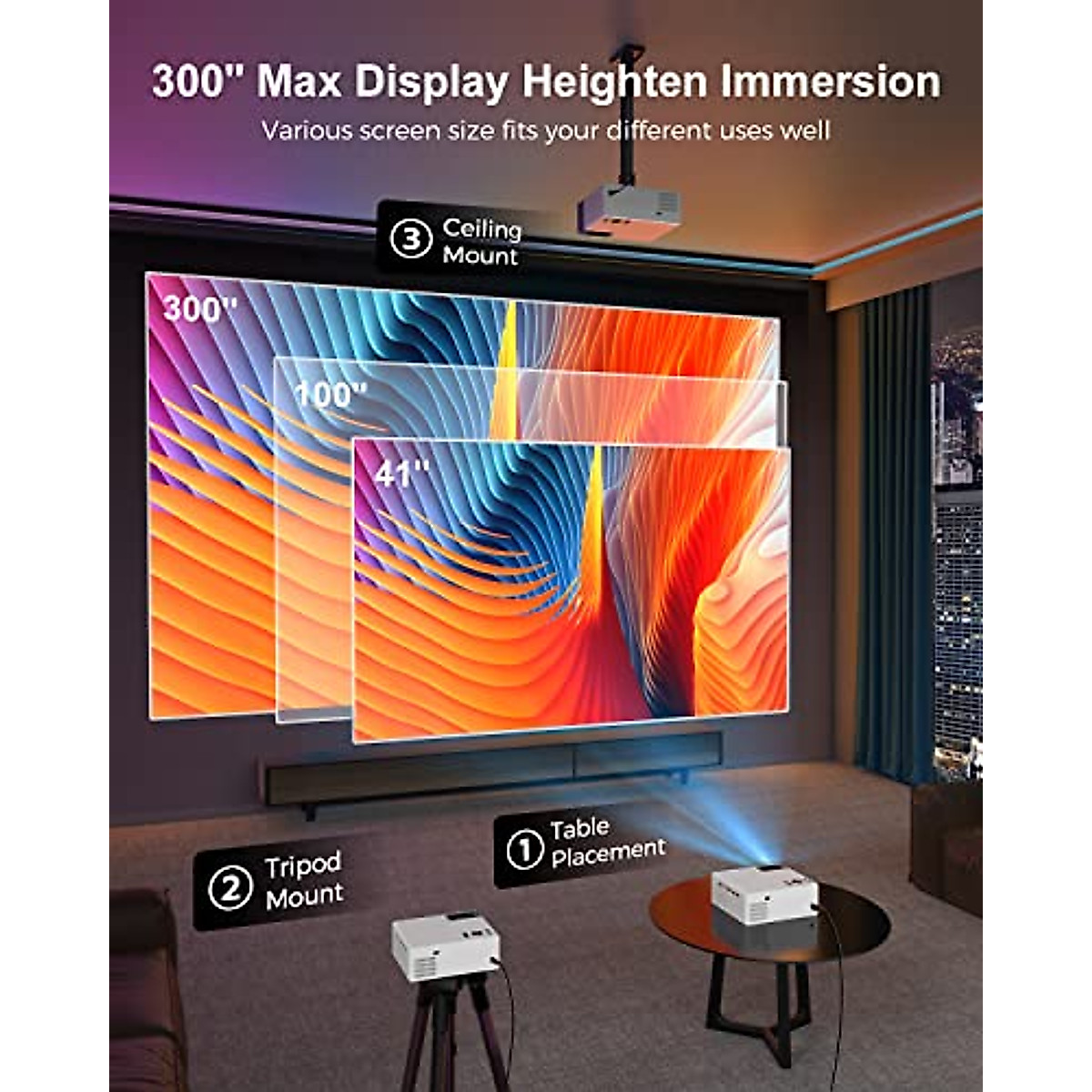 FUDONI Projector with 5G WiFi and Bluetooth, 2023 Upgraded Portable Movie Outdoor 1080P Full HD 400 ANSI Lumen Projector 4K Supported, Home Theater Media Video Projector for Phone/PC/USB/TV Stick/PS5