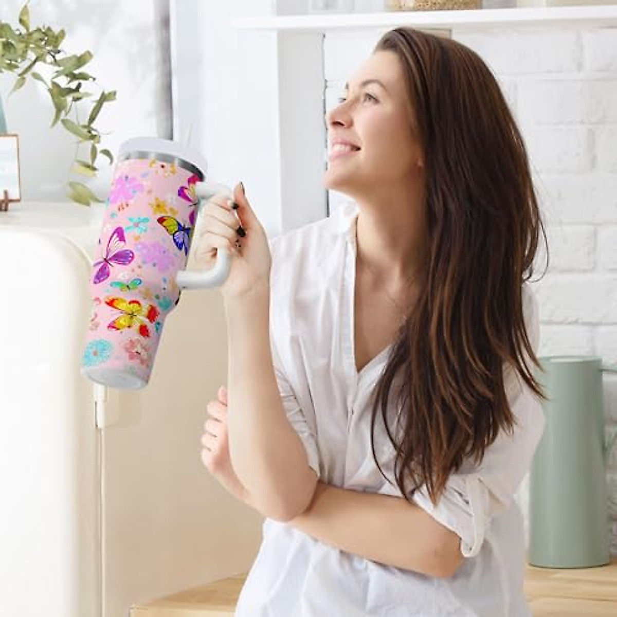 RPLIFE Colorful Butterfly Garden Pink 40oz Tumbler with Handle, Stainless Steel Cups with Lid, Tumbler for Men