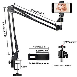 Overhead Video Mount Articulating Arm,Cell Phone Holder, Webcam Stand Lazy Desk Arm Clamp Desktop Suspension Scissor Accessory for Flat Photography Videography Recording Livestream（Black）
