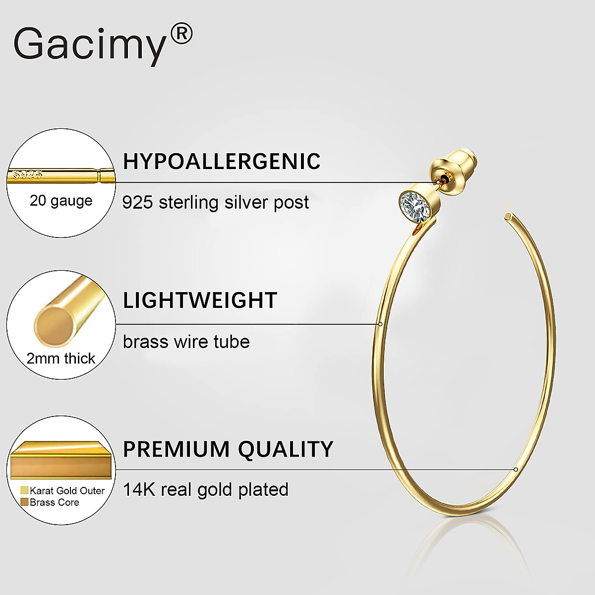 Gacimy Medium Gold Hoop Earrings for Women 14K Real Gold Plated, 925 Sterling Silver Post CZ Earrings for Women, 40mm Gold Medium Hoops Hypoallergenic Earrings
