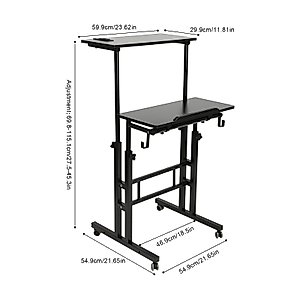 BINELUCOLU Mobile Stand Up Desk, 27.5-45.3in Height Adjustable Standing Desk with Keyboard Tray Hooks USB Interfaces& Socket Rolling Laptop Cart Computer Workstations