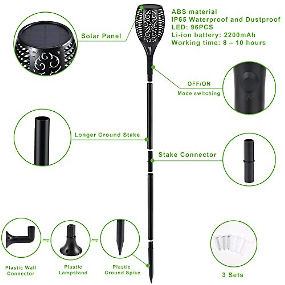 S.Y. Solar Lights Outdoor, 96 LED Solar Torch Light with Dancing Flickering Flames, 3 Installation, 2 Heights Available, Waterproof Landscape Solar Garden Lighting, Auto On/Off Outdoor