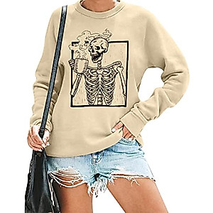 LUKYCILD Halloween Sweatshirts for Women Skeleton Coffee Sweatshirt Horror Skull shirts Fall Spooky Season Pullover Top
