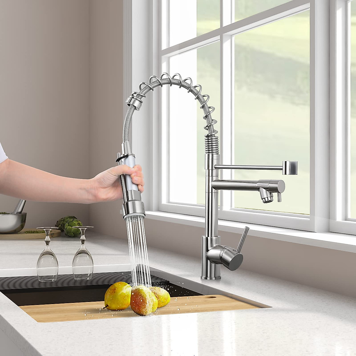 Qomolangma Contemporary Kitchen Faucet with Pull Down Sprayer, Stainless Steel Single Handle Spring Kitchen Sink Faucets with Sprayer, with Deck Plate, Brushed Nickel