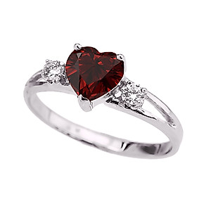 Modern Contemporary Rings 14k White Gold Heart Shape Garnet & White Topaz Split Shank Three Stone Ring - Size 6