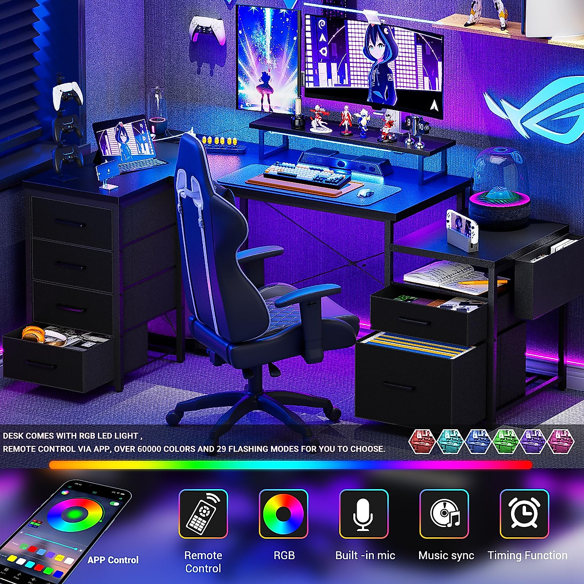 Unikito Reversible L Shaped Computer Desk with Fabric File Drawers, 70.8" Large Office Corner Desk with RGB LED Lights & Power Outlets & Monitor Stand & CPU Stand, Sturdy L Shape Gaming Desk, Black