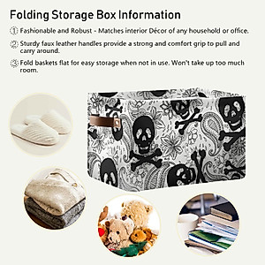 Large Foldable Storage Basket Skull Black Gothic Storage Bin Canvas Toys Box Fabric Decorative Collapsible Organizer Bag with Handles for Bedroom Home