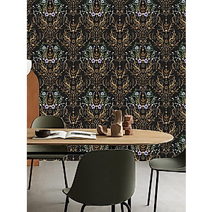 HAOKHOME Gothic Wallpaper Peel and Stick Retro Floral Damask Bronze/Black/Purple Witchy Wall Decor Bathroom Removable Mural 17.7in x 9.8ft