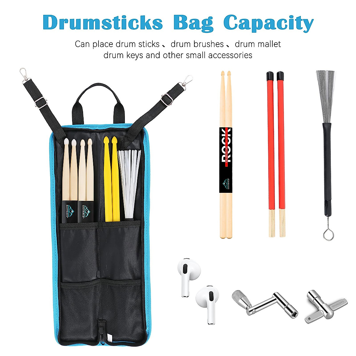 EASTROCK Drum Sticks Bag with 3 Pair Drumsticks, Drumstick Bag Drum Sticks Holder with Floor Tom Hook, Carrying Strap (Black)