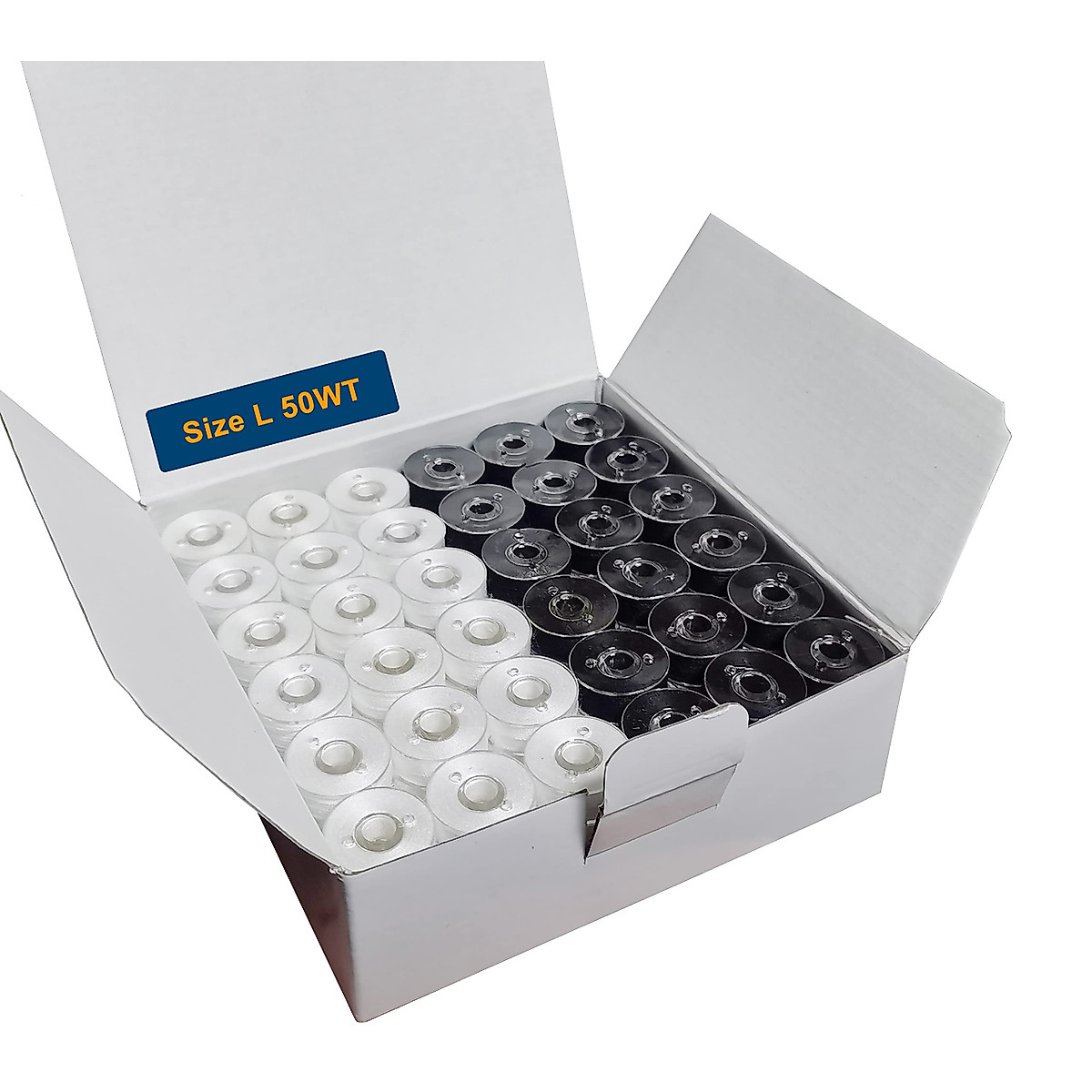 HimaPro 144 Prewound Bobbins for Embroidery Machines Size L (SA155) Good for Brother, Babylock, Janome, Bernina, Husqvarna, Pfaff Embroidery Machines Etc (Plastic Sided Black & White) - 50 Weight