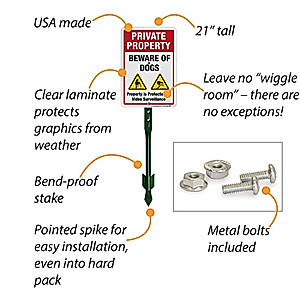 SmartSign Private Property Beware of Dogs Sign with Stake | 21" Tall Sign & Stake Kit - Property Protected by Video Surveillance Sign For Yard/Lawn | 10x7 Inches Aluminum Metal Sign