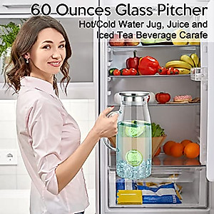 2 Pcs 60 oz Glass Pitcher Water Pitcher with Lid and Handle Carafes and Pitchers Iced Tea Pitcher Hot Cold Water Heat Resistant Borosilicate Glass Jug for Juice Water Iced Tea