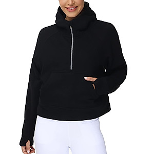 THE GYM PEOPLE Women’s Hoodies Half Zip Long Sleeve Fleece Crop Pullover Sweatshirts with Pockets Thumb Hole Black