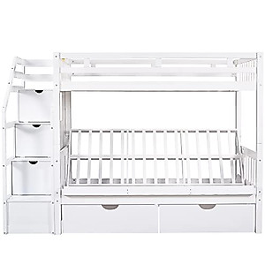 Merax Stairway Twin Over Full Bunk Bed with Staircase and Two Storage Drawers, Storage Bunk Bed with Convertible Down Bed can be Converted into Daybed, White