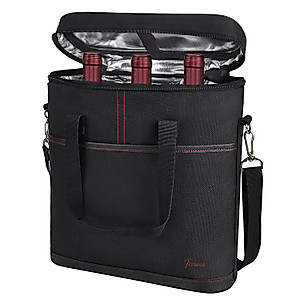 Tirrinia Insulated Wine Gift carrier - 3 Bottle Travel Padded Wine Carry Cooler Tote Bag with Handle and Adjustable Shoulder Strap, Black