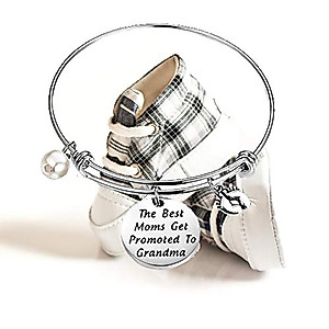 FEELMEM New Grandma Gift The Best Moms Get Promoted to Grandma Bangle Bracelet with Baby Footprint Charm (Silver)