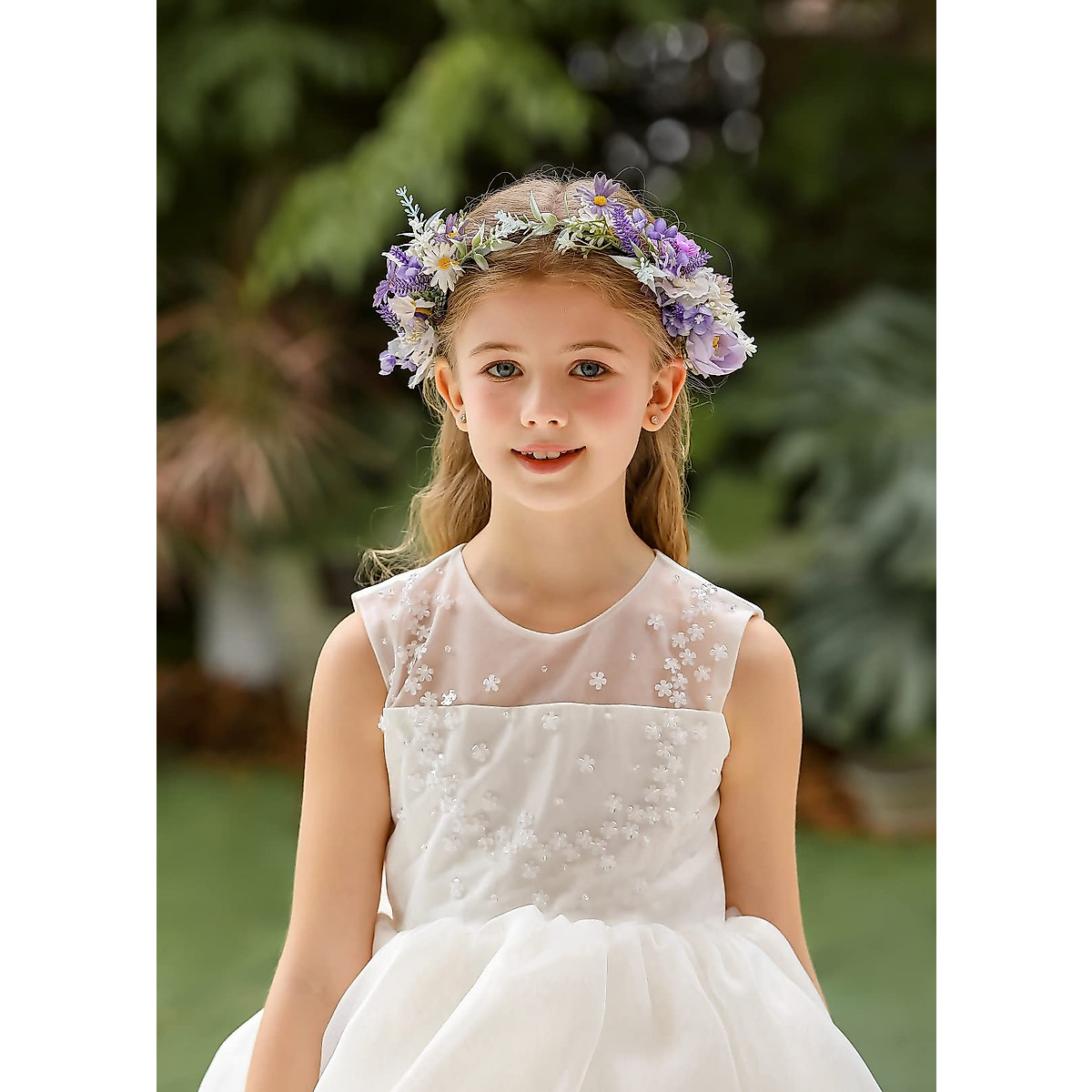 DreamLily Boho Wedding Floral Crown Woodland Fairy Crown Flower Girl rose Crown Hair Wreath with Tail DFS28 (Lavender)
