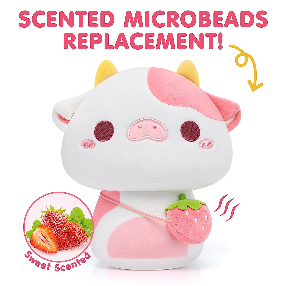 Mewaii Scented Stuffed Animal, Cute Strawberry Cow Plush with Sweet Strawberry Scented Microbeads, Pink Strawberry Plush Toy for Hugging Plush & Decor Pillow