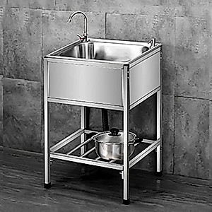 Commercial Sink Kitchen Wash Basin Stainless Steel 1 Compartment with Faucet Hygienic Robust for Outdoor Indoor Garage Kitchen Laundry Single bowl Sinks, 0.8mm Thick, 40×35×75.5cm