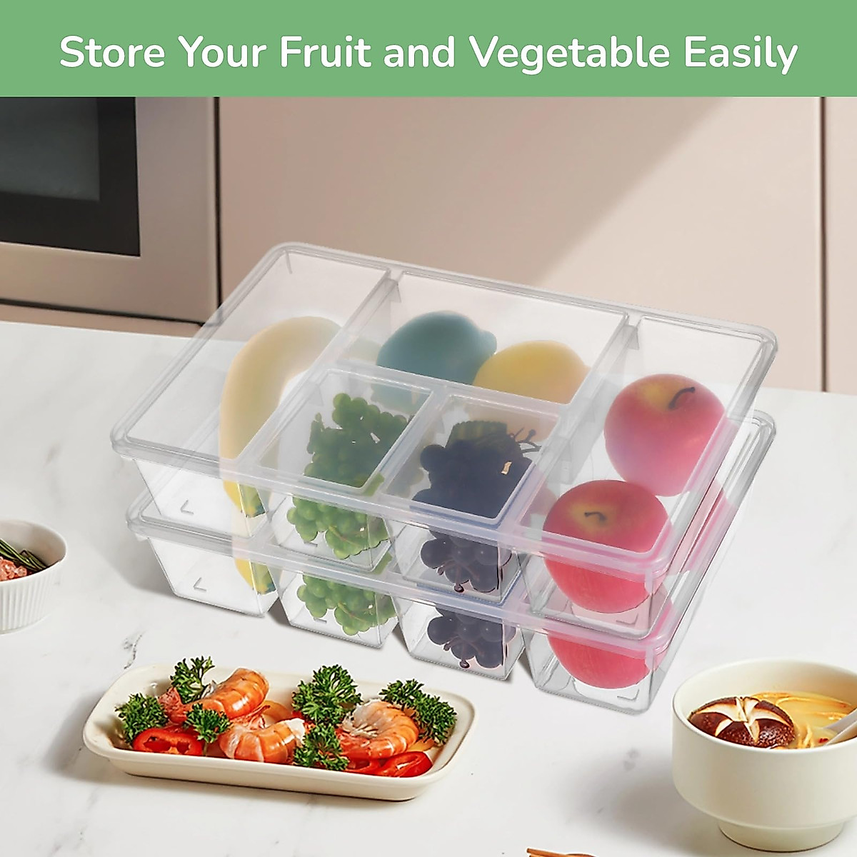 Tideme 2 Pack Divided Veggie Tray with Lid - 5 Compartment Snackle Box Containers for Fridge, Clear Refrigerator Vegetable Food Storage Plastic Organizer Bins for Snack, Fruit, Vegetable, Salad, Meat