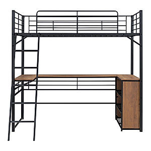 Twin Size Metal Loft Bed with L-Shaped Desk,Heavy Duty Metal Loft Bed with 3 Tier Shelves for Kids Teens Adults,High Loft Bed Frame, Space Saving(Twin,Black)