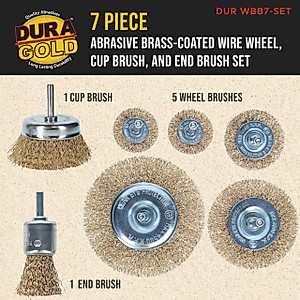 Dura-Gold 7-Piece Abrasive Brass-Coated Wire Wheel, Cup Brush, and End Brush Set, 1/4" Drill Shank, Carbon Steel Bristles - Surface Prep Grinding, Stripping Metal, Clean Remove Rust, Corrosion, Paint