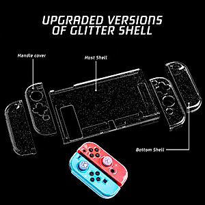 FANPL Glitter Clear Case for Nintendo Switch, Hard Shell Dockable Protective Case Cover for Switch and Joy Con Controller with 2 Bling Thumb Grips (Transparent)