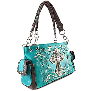 Zelris Western Floral Blossom Cross Women Conceal Carry Shoulder Handbag (Turquoise)