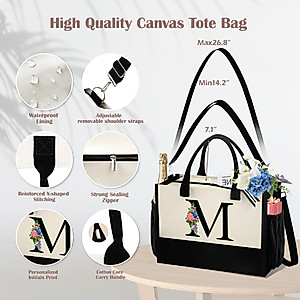 QLOVEA Tote Bag for Women, Initial Beach Bag w Shoulder Strap, 2 Side Pocket and Inner Pocket, Unique Present Bag, Birthday Gift for Mom, Grandma, Aunt, Wife, Coworker, Sister-in-Law Letter J