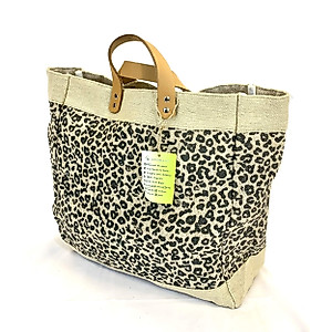 Burlap tote Bag with Leather handle, Animal print Size : 14" X 11" X 6", Thick burlap canvas women hand bags