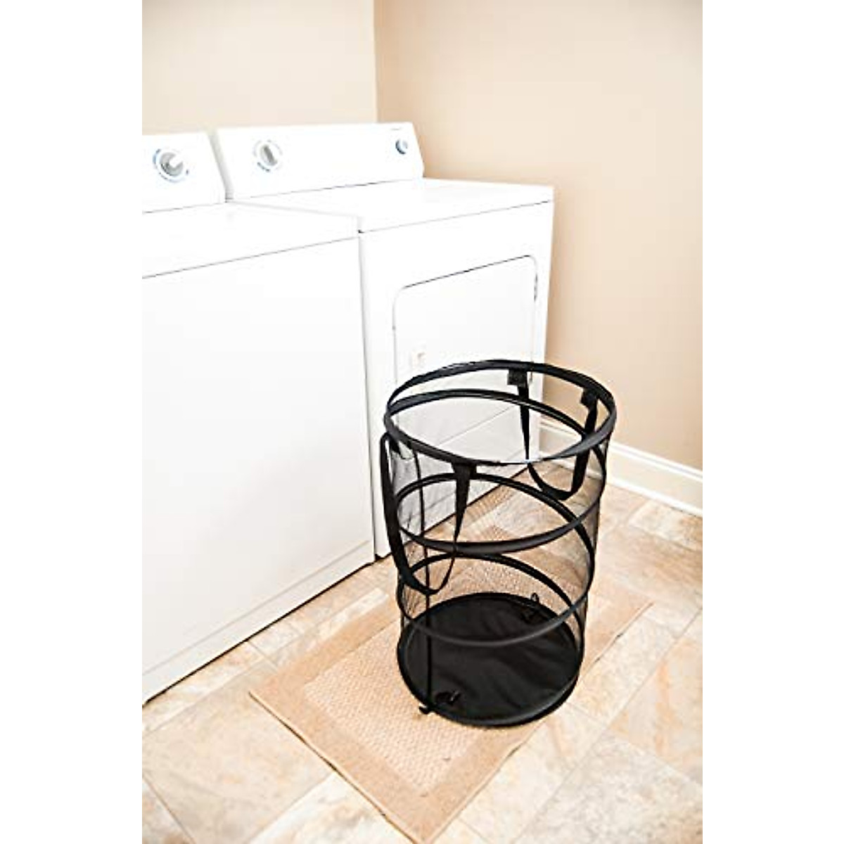 Camco Pop Collapsible Mesh Hamper Basket with Handles-Easy to Store and Clean, Perfect for Travel, Dorms, and More, Minimizes Moisture Caused Laundry Odors-Black (51977)