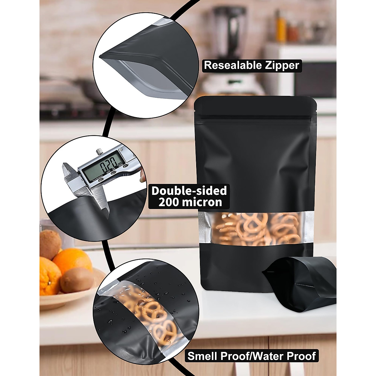 100 Pack Smell Proof Bags, Resealable Bags with Matte Window, Foil Pouch Stand Up Sealable Bags for Packaging（Black，4" x 6"）