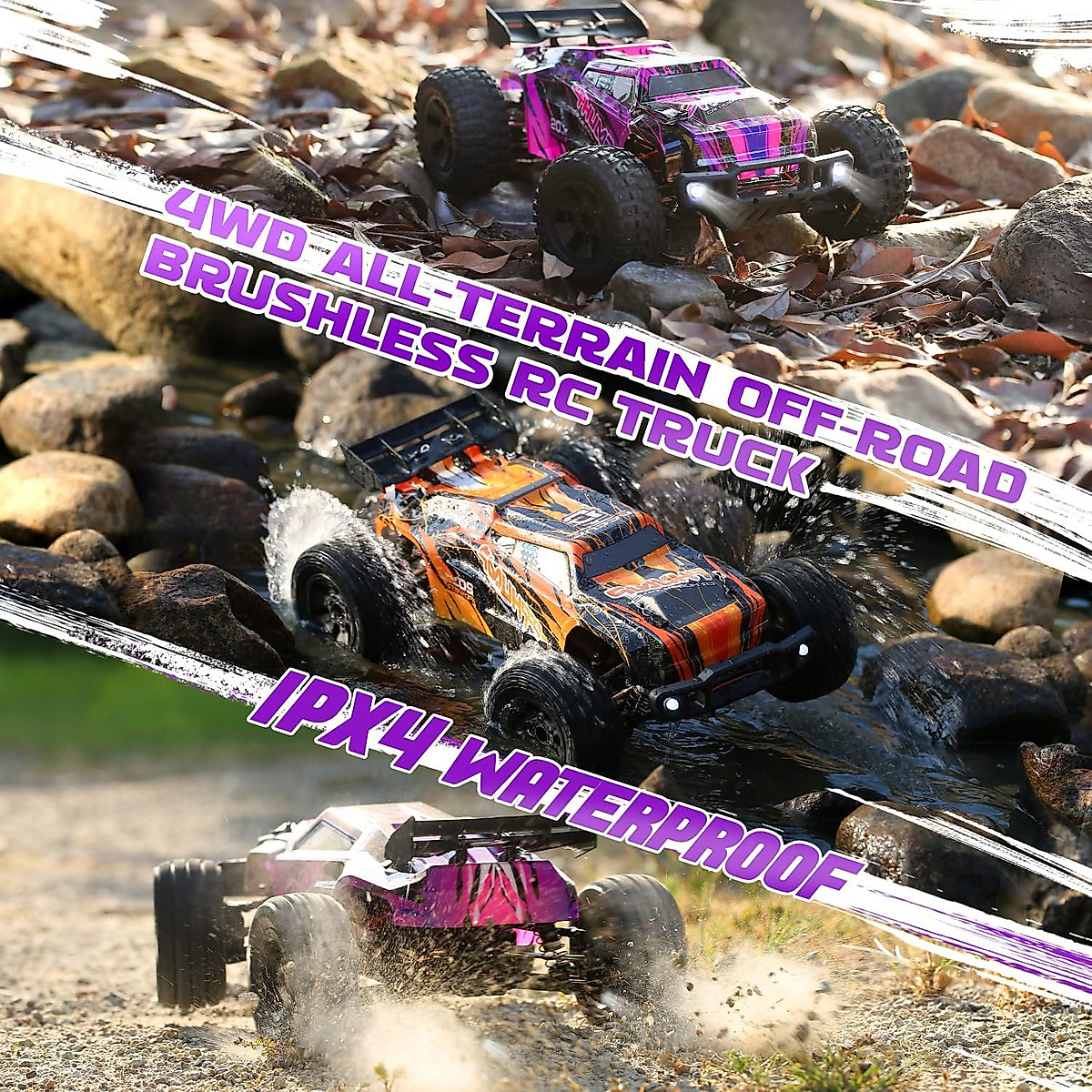 DEERC 200E 1:10 Large 3S Brushless High Speed RC Cars for Adults, 4X4 Fast RC Trucks W/Extra Shell LED Headlight, 60 KM/H, All Terrain Remote Control Car, Offroad Monster Truck for Boys,2 Battery