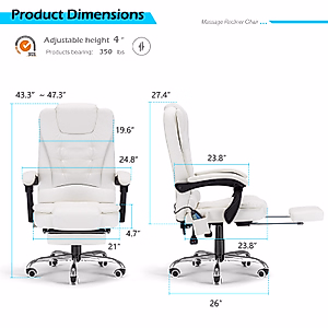 YODOLLA Executive Office Chair with 7 Points Massage&Heat Function, High Back Office Chair w/Footrest Reclining Swivel Home Office Chair, PU Leather Desk Chair, White