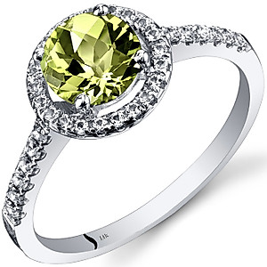 PEORA Peridot Ring for Women 14K White Gold with White Topaz, Genuine Gemstone Birthstone, 1 Carat Round Shape 6.5mm, Halo Design, Size 7 - August Birthstone Gift, Real Peridot Jewelry