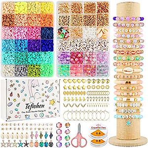 Tefiohen Clay Beads 6000 PCS Bracelet Making Kit 2 Boxes,24 Colors Spacer Heishi Beads Flat Round Polymer Beads for Jewelry Making with Pendant Charms Kits and Elastic Strings