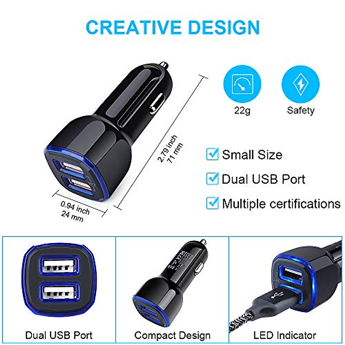 Car Charger for Samsung Galaxy A21 A11 A51 A20 A01 A10E A9 A50 A71 A12 A32 A52 A14 A13 A53 S23 S22 S21 S20 Ultra S10 S9 Note 20,LG Stylo 6/5,Pixel 7 6 5,Car Charger Adapter,Type C Fast Charging Cable