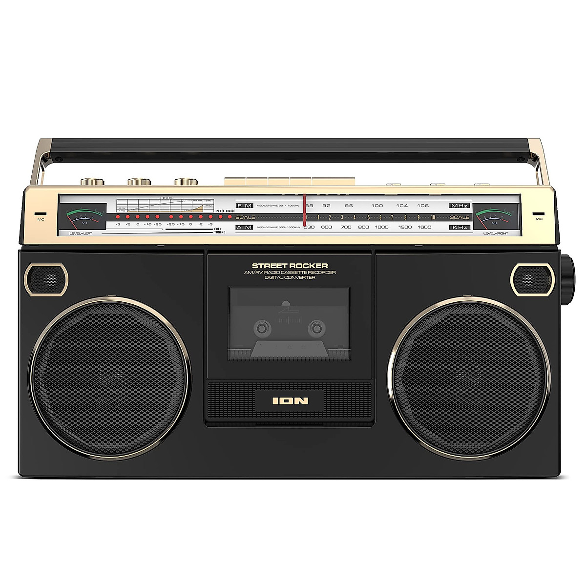 Ion Audio 1980S-Style Portable Bluetooth Boombox AM/FM Radio Cassette Player Recorder, VU Meters, USB Recording, Dual Full-Range High Bass Speakers (Gold Edition)