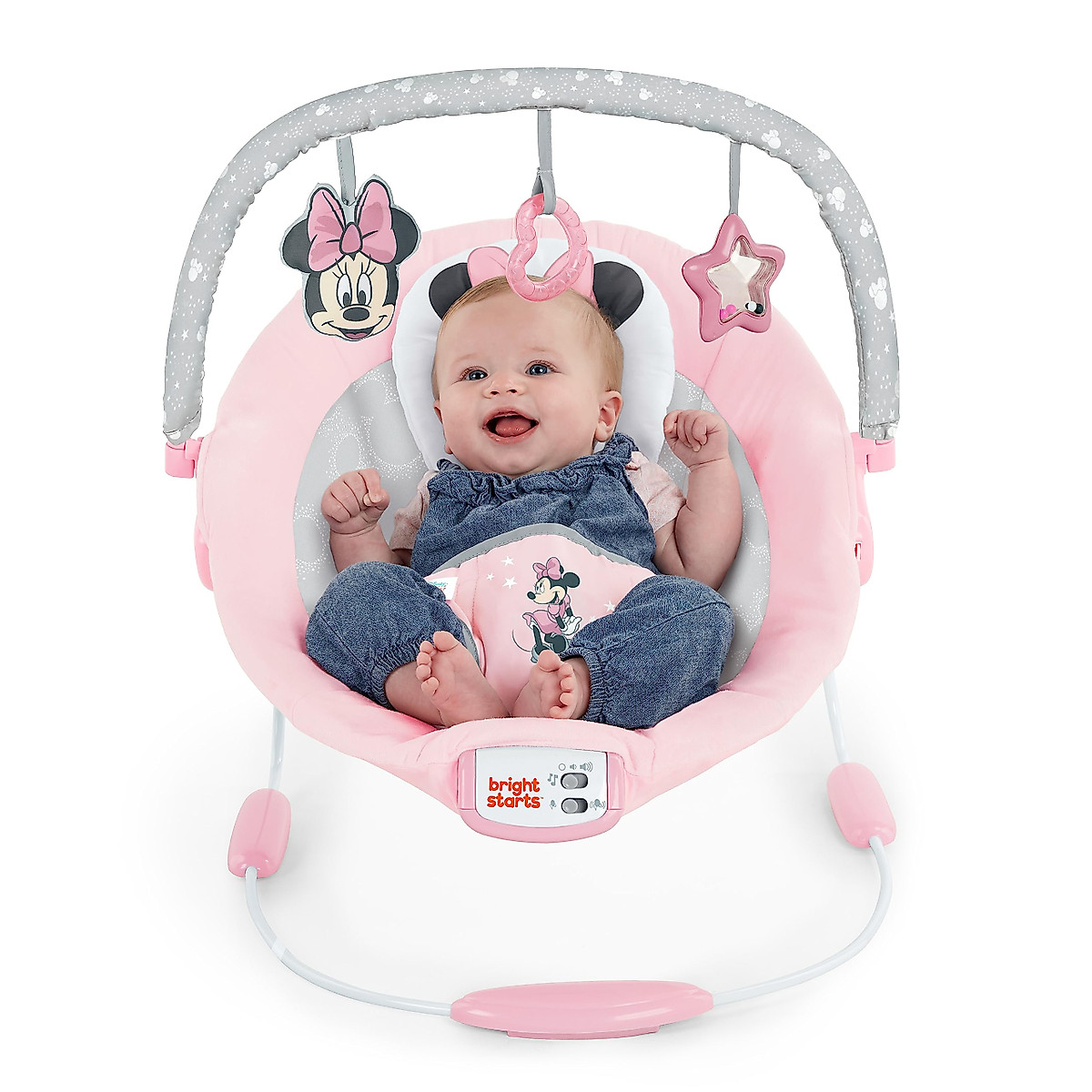 Bright Starts Minnie Mouse Rosy Skies Baby Bouncer with Vibrating Infant Seat, Music & 3 Playtime Toys, 23x19x23 Inch (Pink)