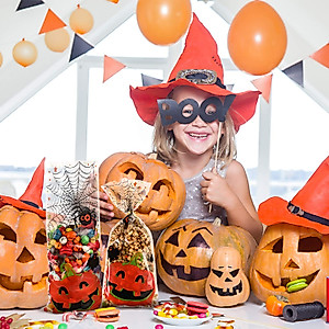 Boao 150 Pcs Halloween Cellophane Treat Bags Clear Plastic Candy Bags with 150 Twist Ties 11 Inch Pumpkin Spider Web Halloween Goodie Bags for for Snacks Cookies Gift Kids Halloween Party Favor