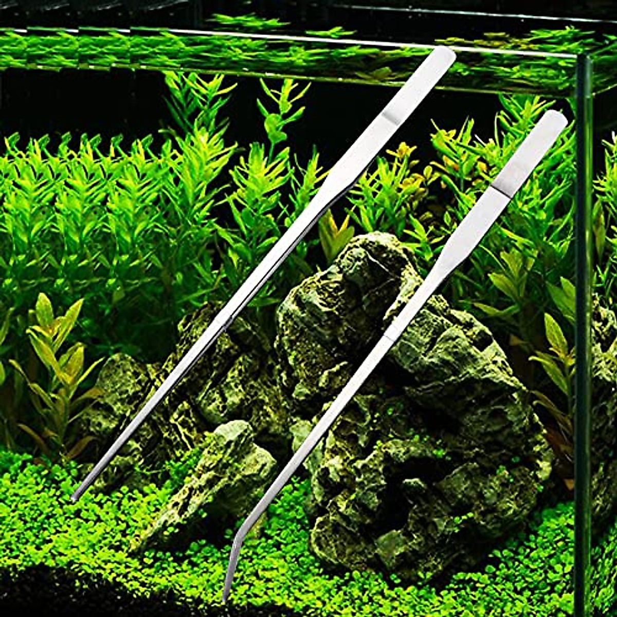 Aquarium Tweezers Extra Long 10.6 inches (27cm),, 2 Piece Aquarium Tweezers Stainless Steel Straight and Curved Tweezers Set for Foreground Fish Tank Plant Aquascape Tools, Feeding Tongs