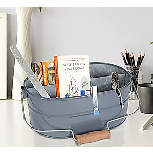 Farmhouse Utensil Caddy with 4 Compartments and Wooden Handle for Flatware, Condiments, Party Cutlery - Galvanized Metal Caddy for Indoor/Outdoor Use - Charcoal