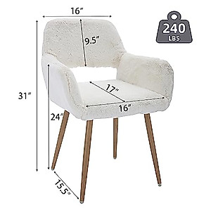 GOOLON Desk Chair No Wheels 1 PC, Modern Fluffy Office Chair, Furry Vanity Chair for Bedroom with Hollow-Out Backrest Comfy Armrest Soft Cushion Sturdy Wood Frame with Metal Legs for Home, White