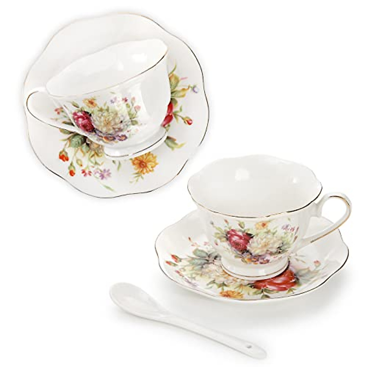 Foraineam Tea Cups and Saucers Set of 6, Floral Tea Cup Set with Gold Trim, 6 oz Porcelain Ivory Coffee Cups with Saucers and Spoons, Latte Cups and Espresso Mug for Coffee Drinks and Tea
