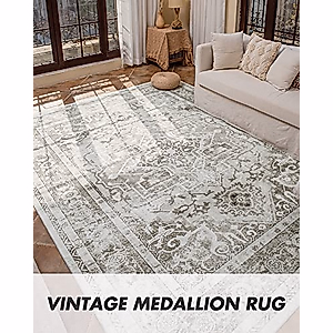 Rugs for Living Room 5x7 feet-Area Rug Carpet-Distressed Vintage Medallion Bedroom Rug Dining Living Room Rug-Aesthetic Machine Washable Rug TP Backing-Grey