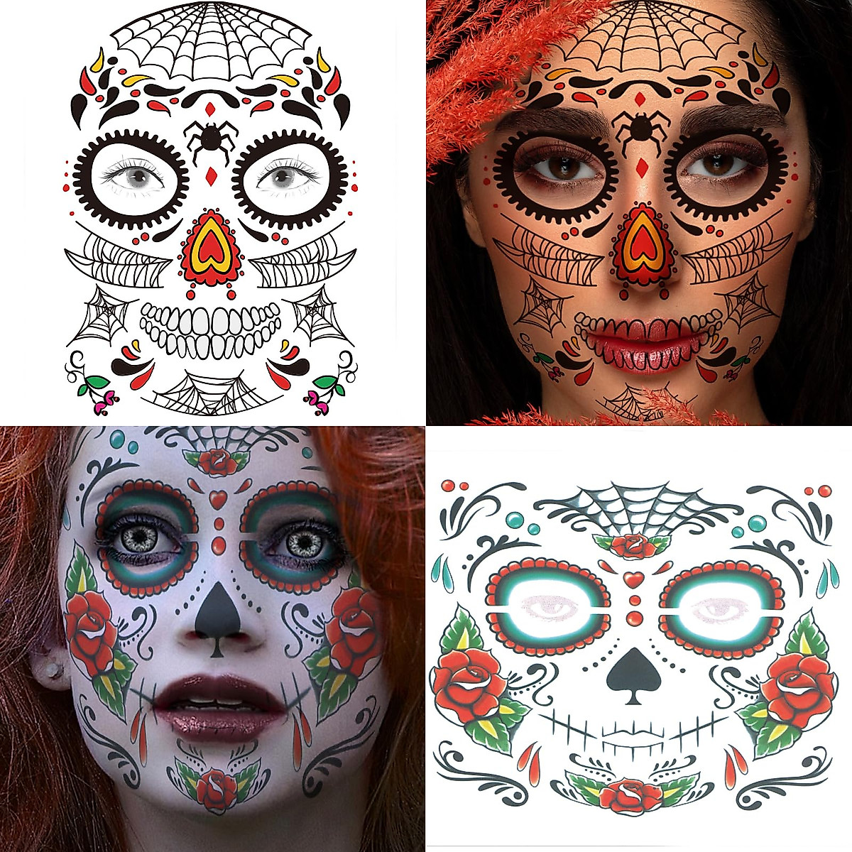 Temporary Face Tattoo, 8 Kits Tattoos Sugar Skull Stickers Day of The Dead Makeup, Face Tattoo Rose Design for Halloween, Masquerade and Parties