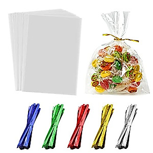Arsmat 200 Pcs Cellophane Bags, 1.5mils Cellophane Treat Bags with Ties, Thick OPP Clear Treat Bags Goodie Bags for Bakery, Cookies, Candies, Gift Packing(4" x 6")