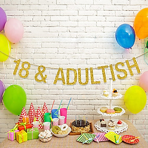 18 & Adultish Banner, Happy 18th Birthday Decor, Cheers to 18 Years Birthday Anniversary Party Supply Gold Glitter